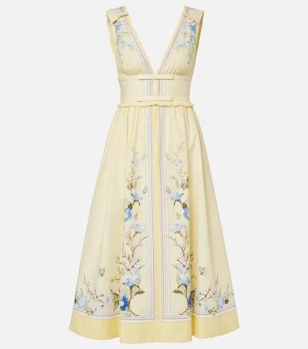 SELF-PORTRAIT Floral Cotton Poplin Midi Dress - Yellow