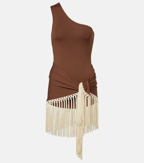 TALLER MARMO One-shoulder Swimsuit And Beach Cover-up Set With Fringe Trim - Brown