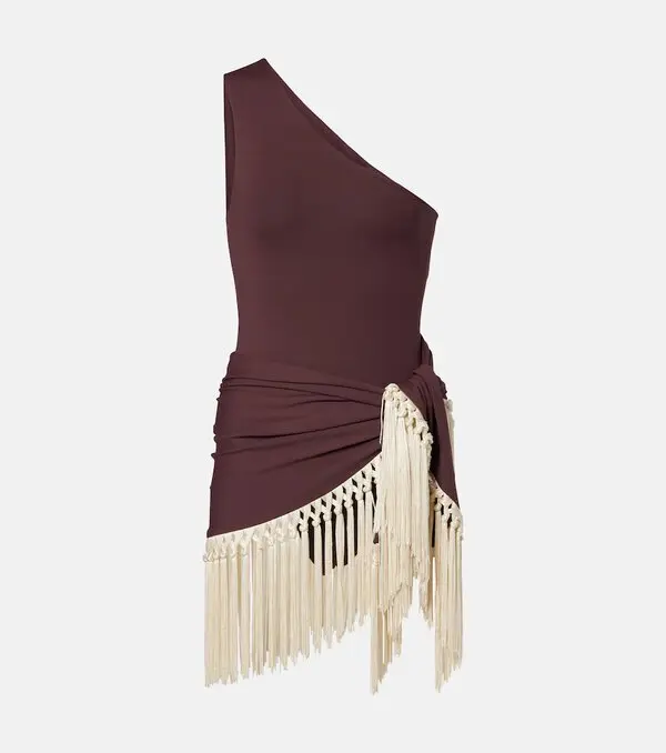TALLER MARMO One-shoulder Swimsuit And Beach Cover-up Set With Fringe Trim - Brown