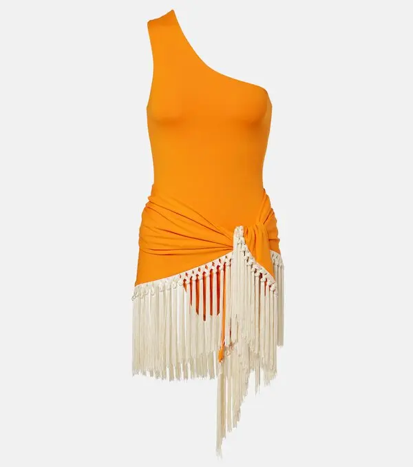 TALLER MARMO One-shoulder Swimsuit And Beach Cover-up Set With Fringe Trim - Orange