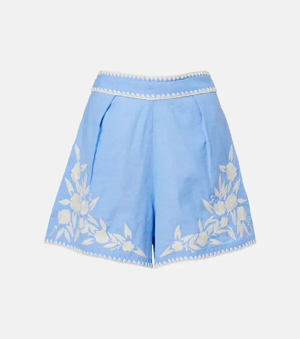 JULIET DUNN Embroidered Cotton Chambray Shorts - Blue