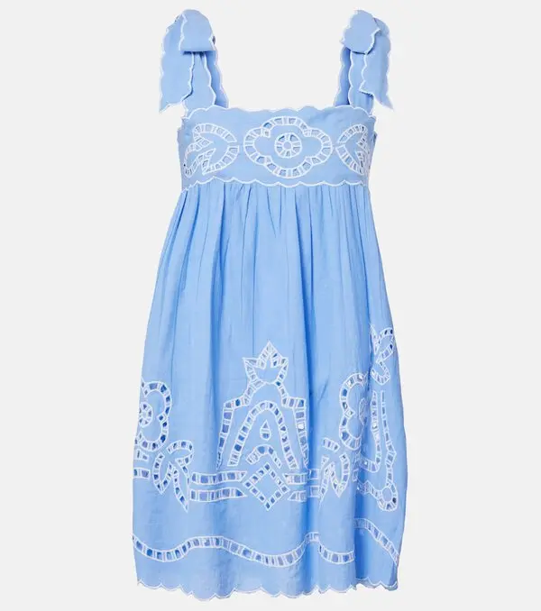 JULIET DUNN Broderie Anglaise Scalloped Cotton Mini Dress - Blue