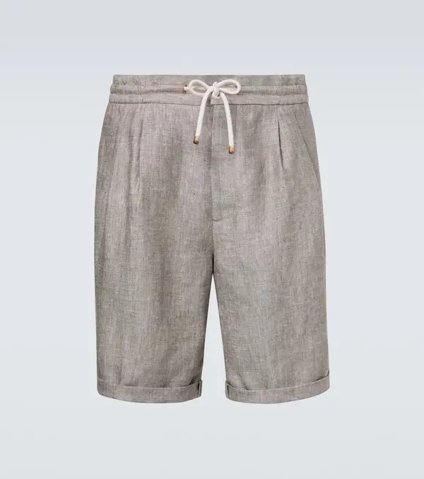 Brunello Cucinelli Linen Shorts With Drawstring Waist And Cuffed Hem - Grey