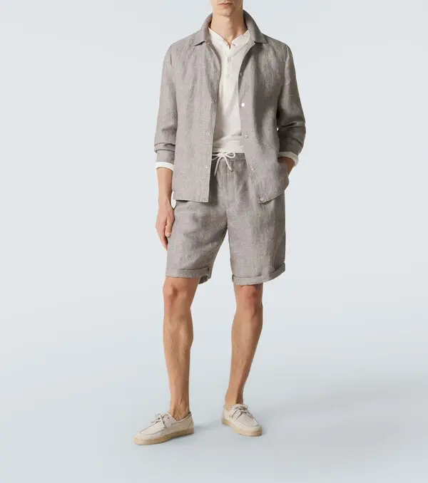 Brunello Cucinelli Linen Shorts With Drawstring Waist And Cuffed Hem - Grey
