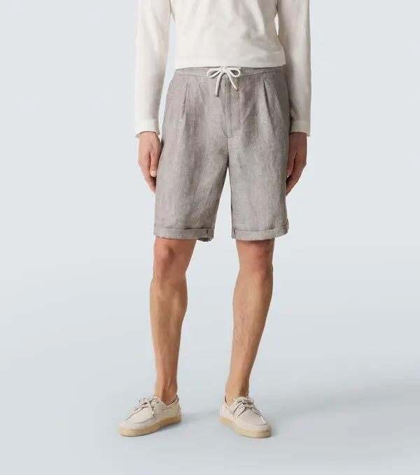 Brunello Cucinelli Linen Shorts With Drawstring Waist And Cuffed Hem - Grey
