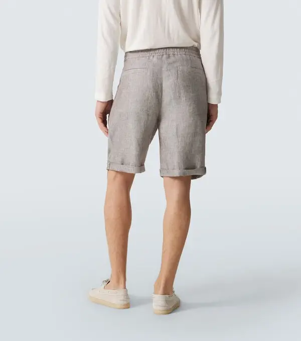 Brunello Cucinelli Linen Shorts With Drawstring Waist And Cuffed Hem - Grey