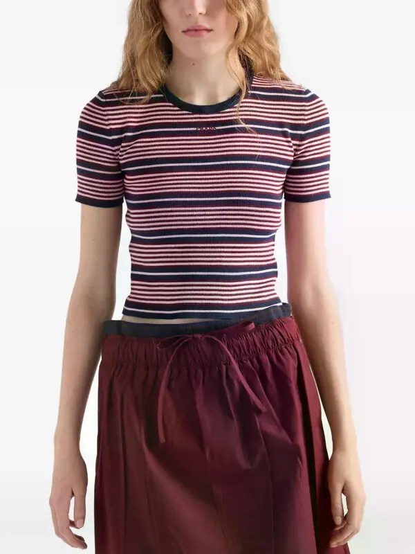 Prada Striped Cotton Crew Neck Sweater - Blue