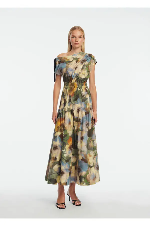 Lela Rose Printed Cotton Draped Shoulder Pleated Dress - Floral
