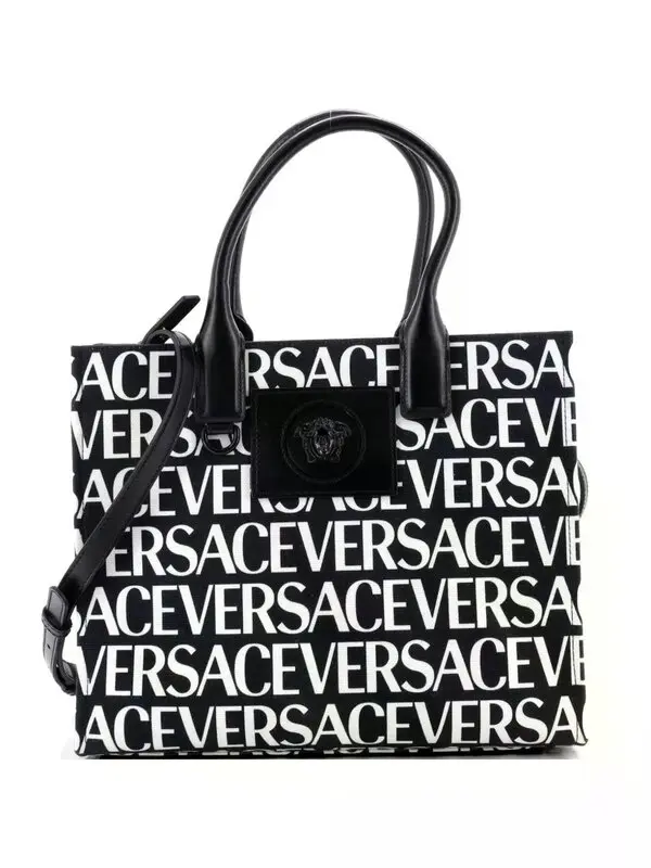 Versace La Medusa All Over Logo Canvas Small Tote Bag - Black