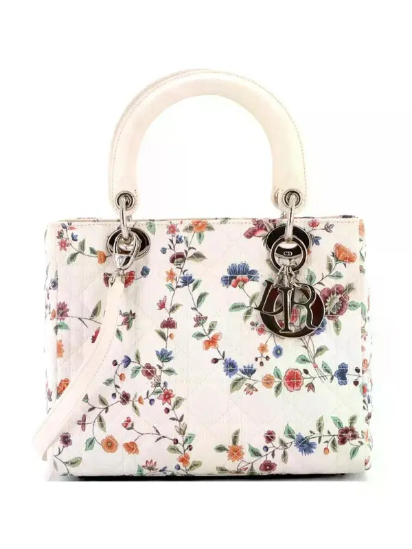 Dior Lady Bag Cannage Quilt Floral Printed Canvas Medium Satchel - Multicolour