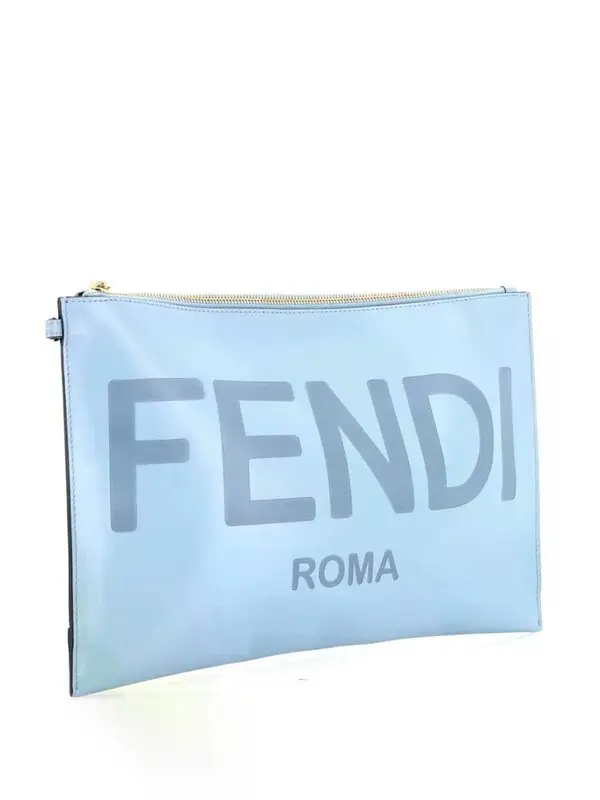 Fendi Logo Flat Wristlet Pouch Embossed Leather Large Clutch Bag - Blue