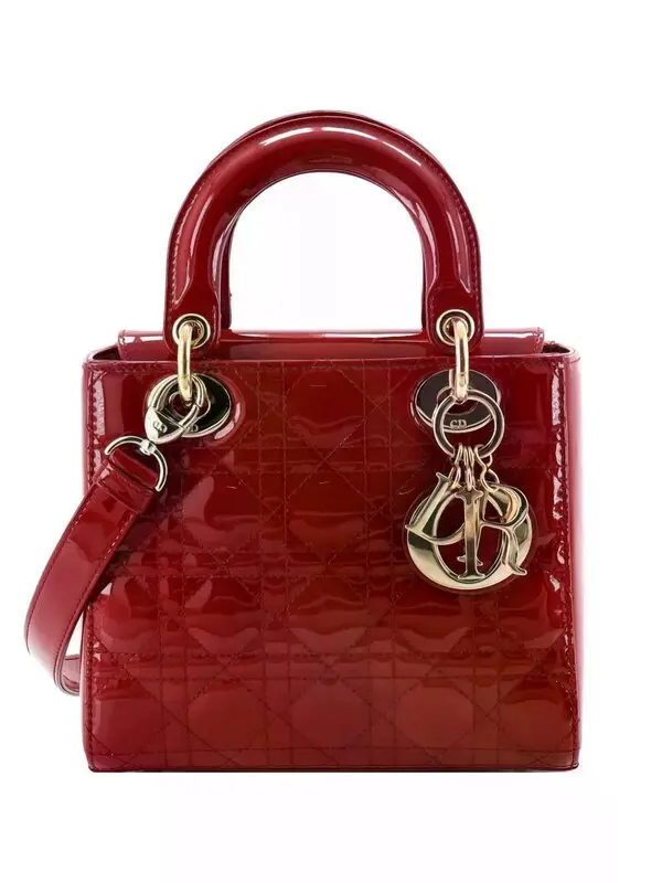 Dior Lady Bag Cannage Quilt Patent Small Satchel - Red