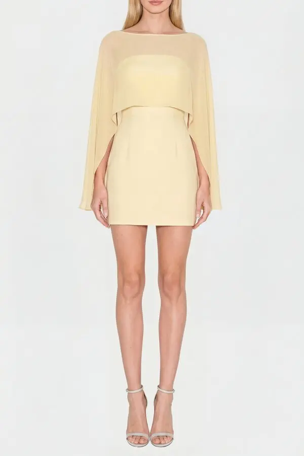 Amanda Uprichard Berkshire Mini Dress With Chiffon Cape - Cornsilk