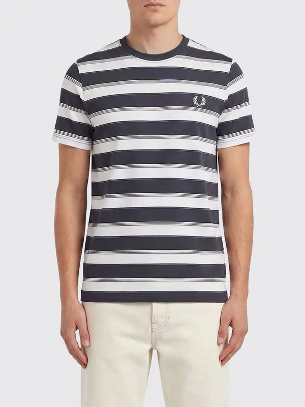 Fred Perry Striped Cotton T-shirt With Logo - Grey