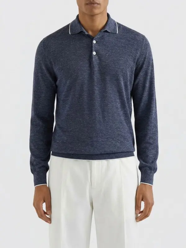 Brunello Cucinelli Cashmere Silk And Hemp Knit Polo Shirt - Blue
