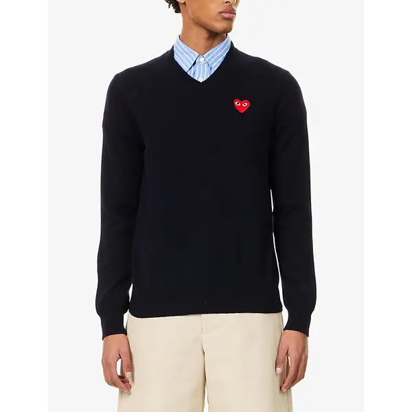 Play Comme Des Garcon Embroidered-logo Wool Jumper - Navy