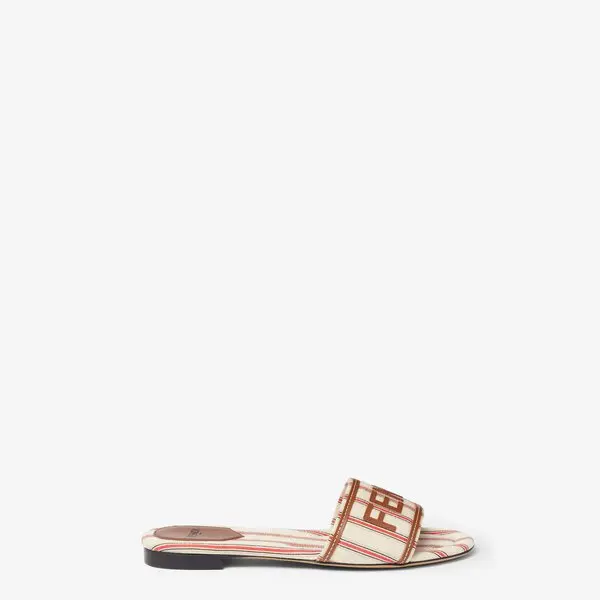 Fendi Beige Ff Canvas Slides With Striped Print - Multicolour