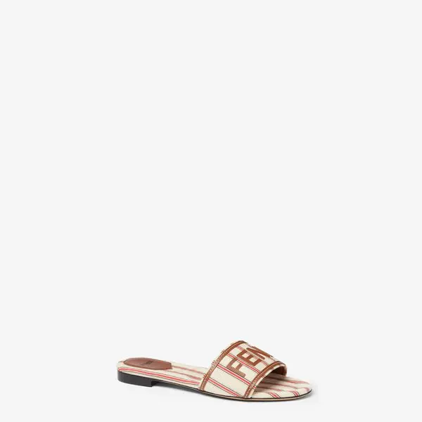 Fendi Beige Ff Canvas Slides With Striped Print