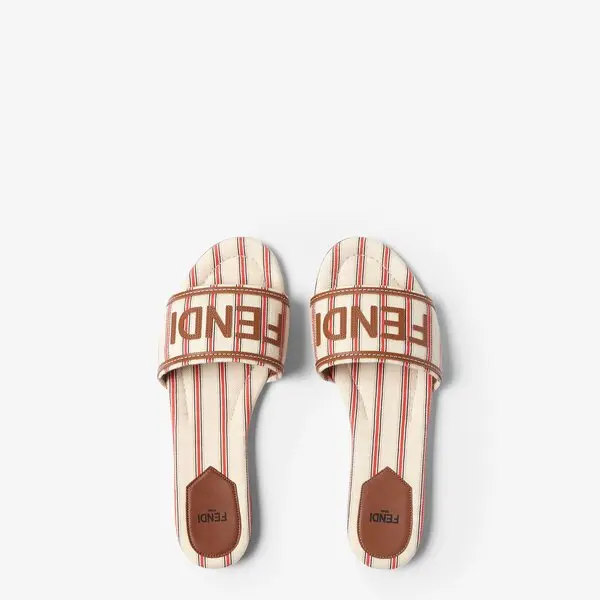 Fendi Beige Ff Canvas Slides With Striped Print
