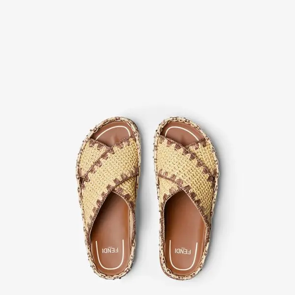 Fendi Raffia Effect Flat Slides With Ff Motif