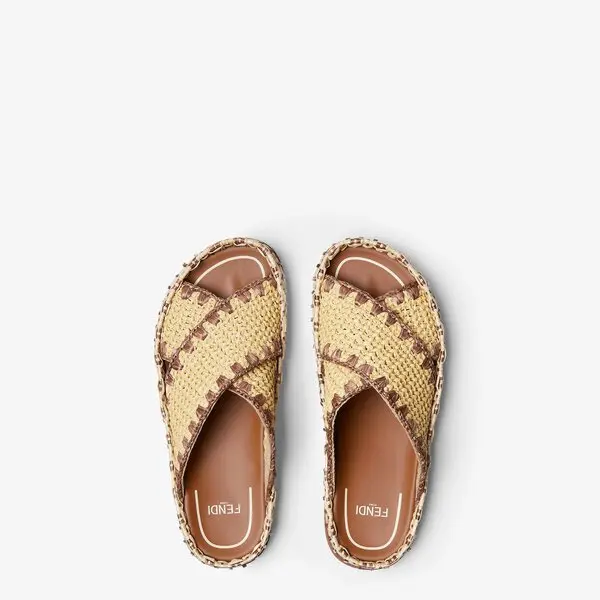 Fendi Raffia Flat Slides With Ff Motif