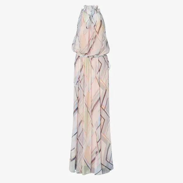 Fendi Printed Maxi Stripes Silk Crepon Chiffon Long Dress - Multicolour