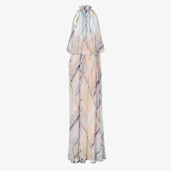 Fendi Printed Maxi Stripes Silk Crepon Chiffon Long Dress