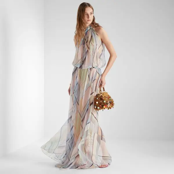 Fendi Printed Maxi Stripes Silk Crepon Chiffon Long Dress