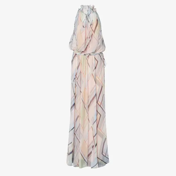 Fendi Printed Maxi Stripes Silk Crepon Chiffon Long Dress