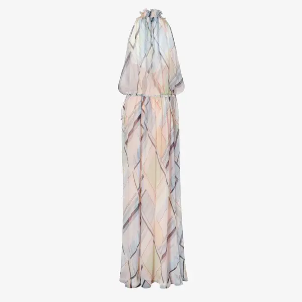 Fendi Printed Maxi Stripes Silk Crepon Chiffon Long Dress