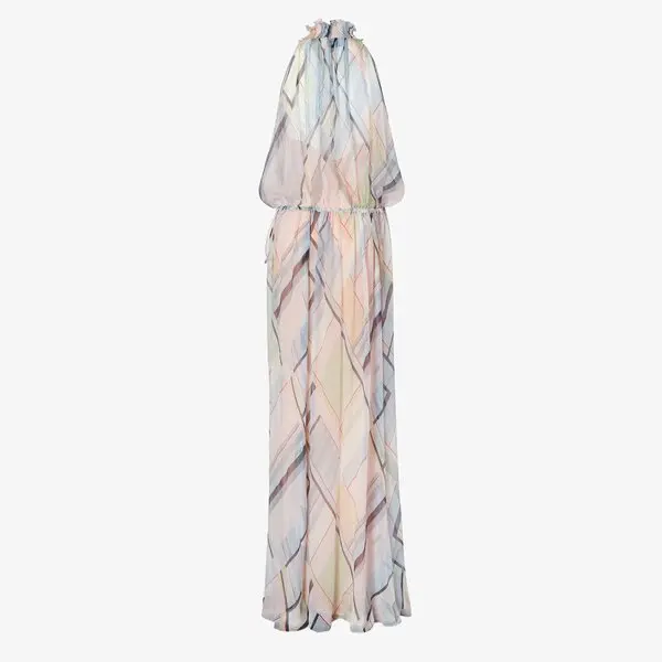 Fendi Printed Maxi Stripes Silk Crepon Chiffon Long Dress