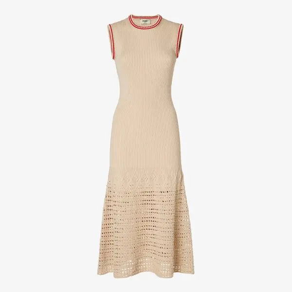 Fendi Cotton Rib Knit Midi Dress With Crochet Detail - Beige
