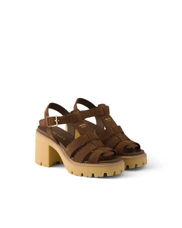 Prada High-heeled Suede Platform Sandals - Brown
