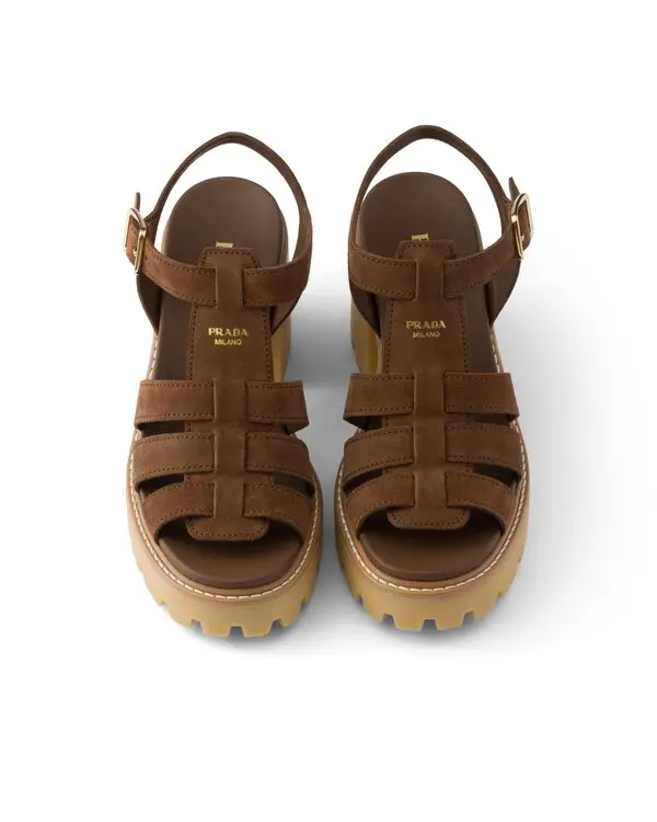 Prada High-heeled Suede Platform Sandals - Brown