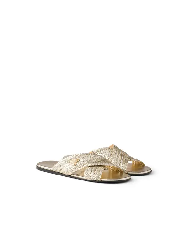 Prada Woven Crisscross Slides - Gold/silver