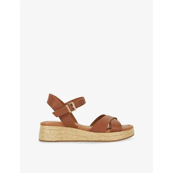 DUNE Littleton Leather Raffia Flatform Sandals - Tan Leather