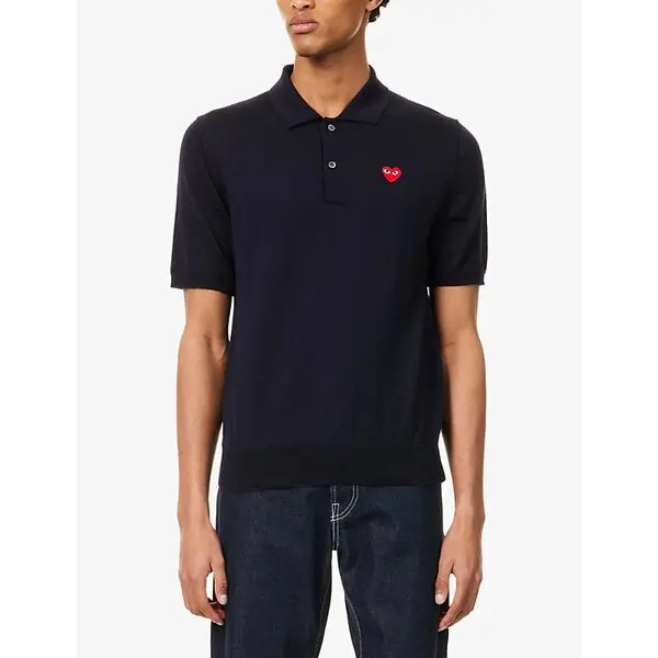 Play Comme Des Garcon Embroide-logo Wool-knit Polo Shirt - Navy