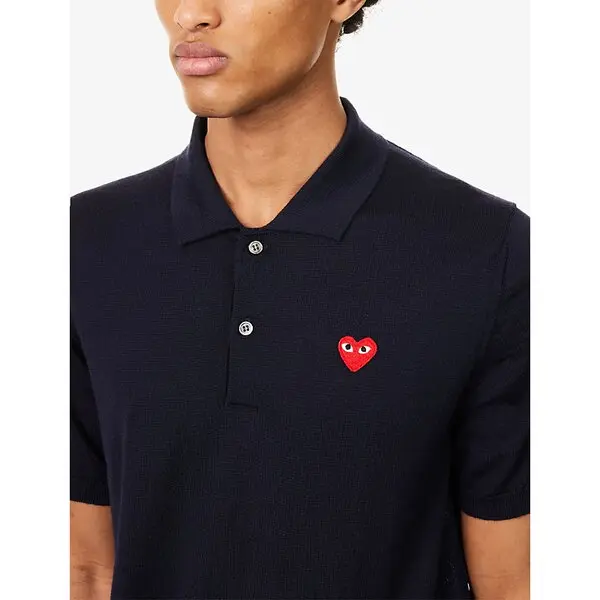 Play Comme Des Garcon Embroide-logo Wool-knit Polo Shirt - Navy