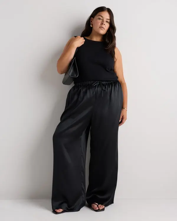 Quince 100% Mulberry Silk Drawstring Wide Leg Pants - Black