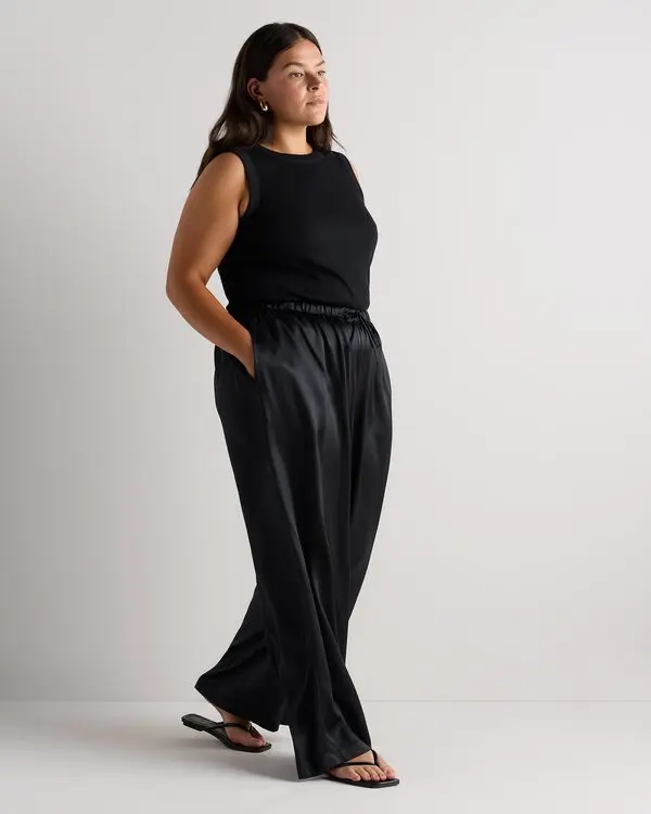 Quince 100% Mulberry Silk Drawstring Wide Leg Pants - Black