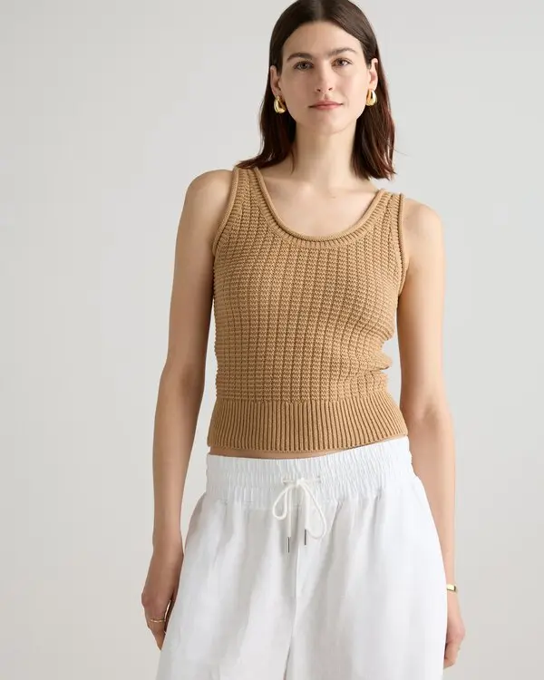 Quince Waffle Cropped Sweater Tank Top - Camel