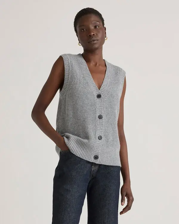 Quince Mongolian Cashmere Fisherman Sweater Vest - Heather Grey
