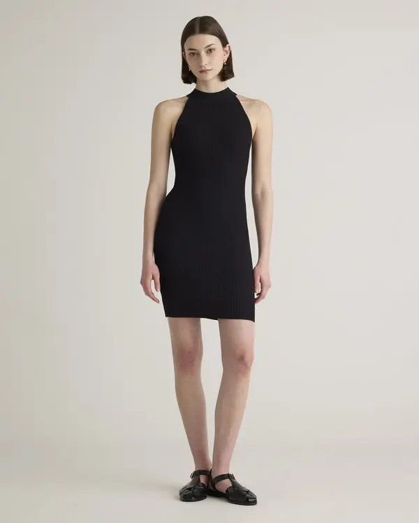 Quince High Neck Ribbed Knit Mini Dress - Black