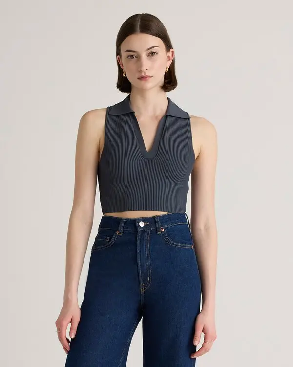 Quince Cropped Polo Ribbed Knit Tank Top - Grey