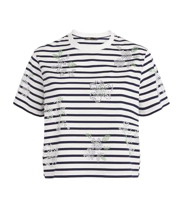 Maje Cotton Rhinestone Stripe T-shirt - White
