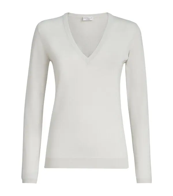 Brunello Cucinelli Cashmere-silk-blend V-neck Sweater - White