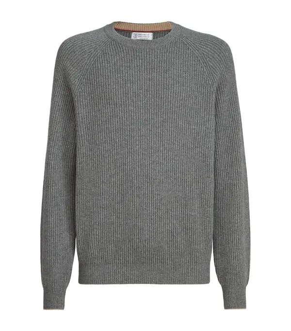 Brunello Cucinelli Cashmere Ribbed Raglan Sleeve Sweater - Grey