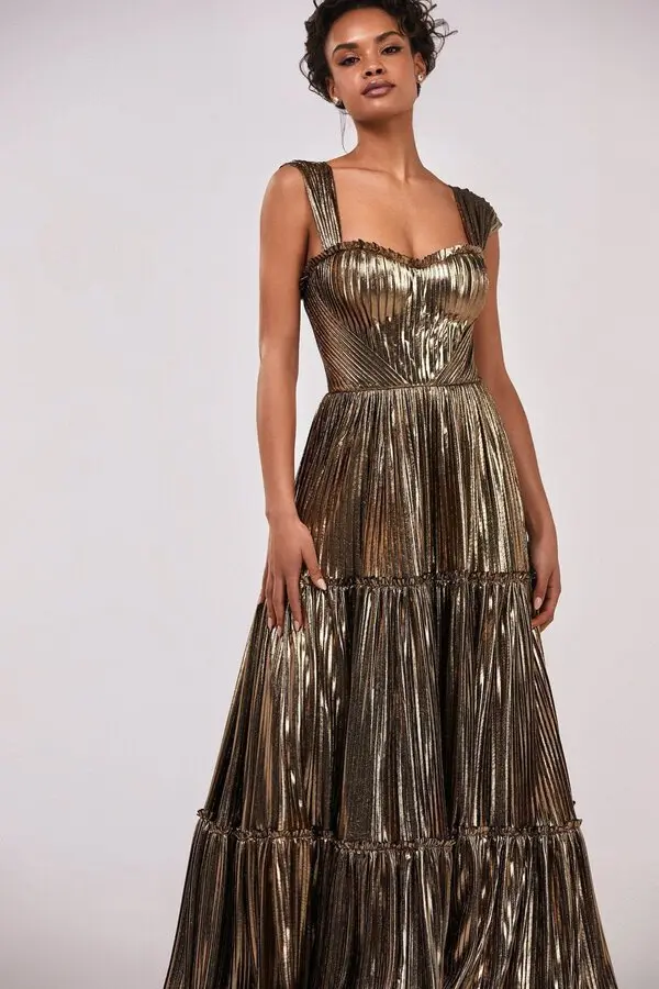 MILLA Shiny Maxi Evening Dress With An Off-the-sh - Golden