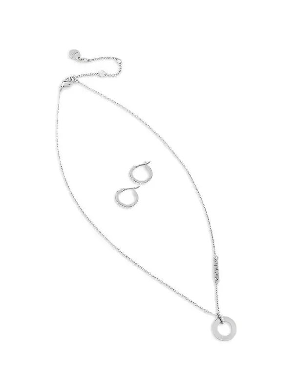 Dkny Circle Pendant Necklace And Hoop Earrings Set - Silver