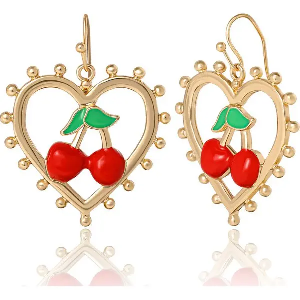 Juicy Couture Cherry Heart Drop Earrings - Gold Tone/ Red